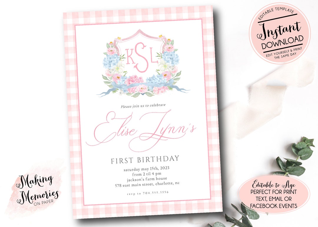 Monogram Crest Birthday Invitation, Watercolor Pink Crest Invitation ...