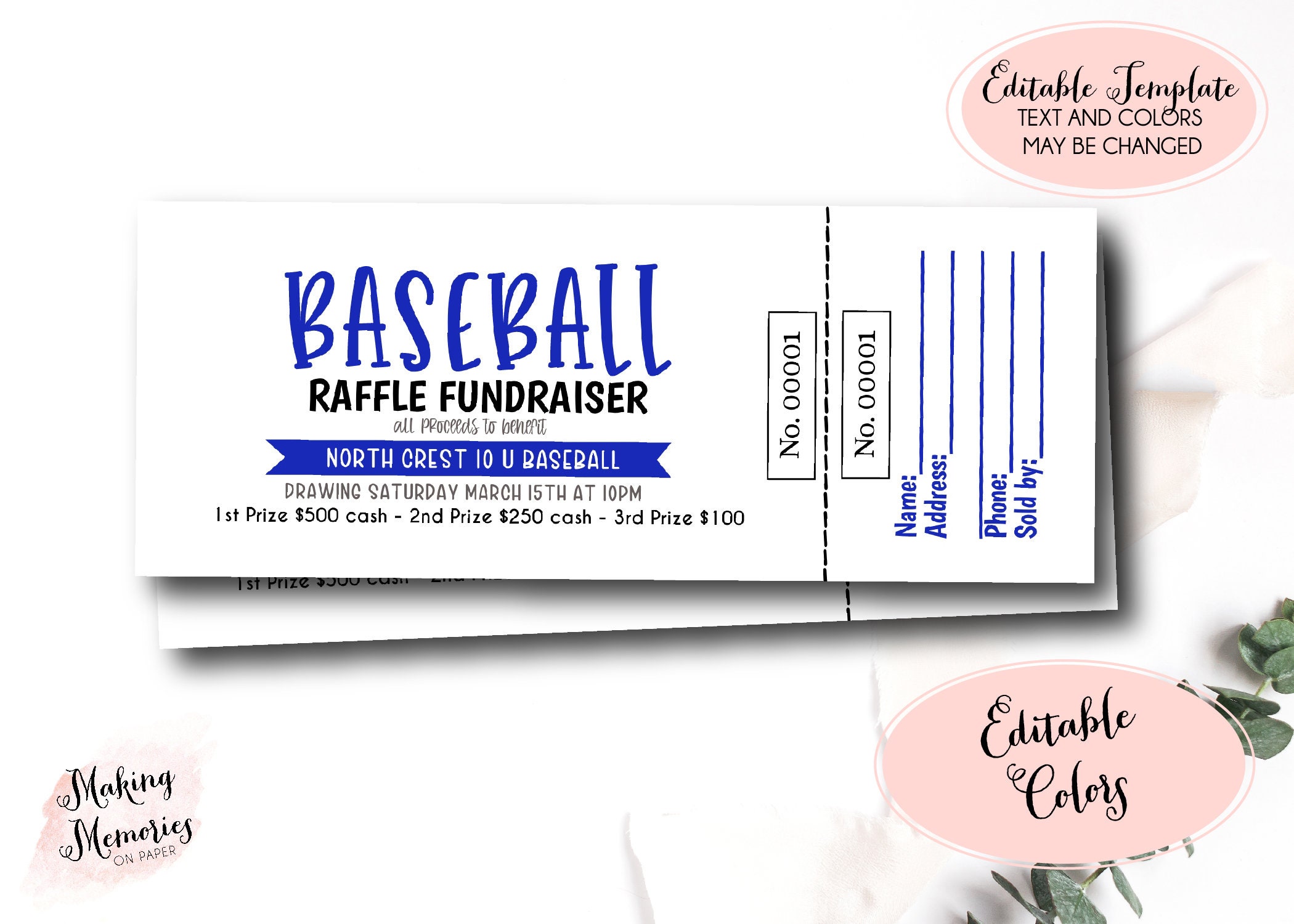 Raffle Ticket Fundraiser, Printed Raffle Tickets, Editable Raffle ...