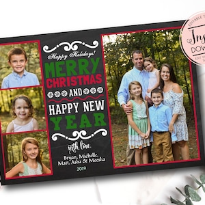4 Photo Red & Green Rustic Photo Christmas Card Printable Invitation ...