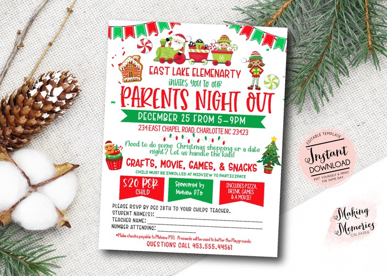 Parents Night Out Flyer, Christmas Parents Night Out Fundraiser, PTO ...