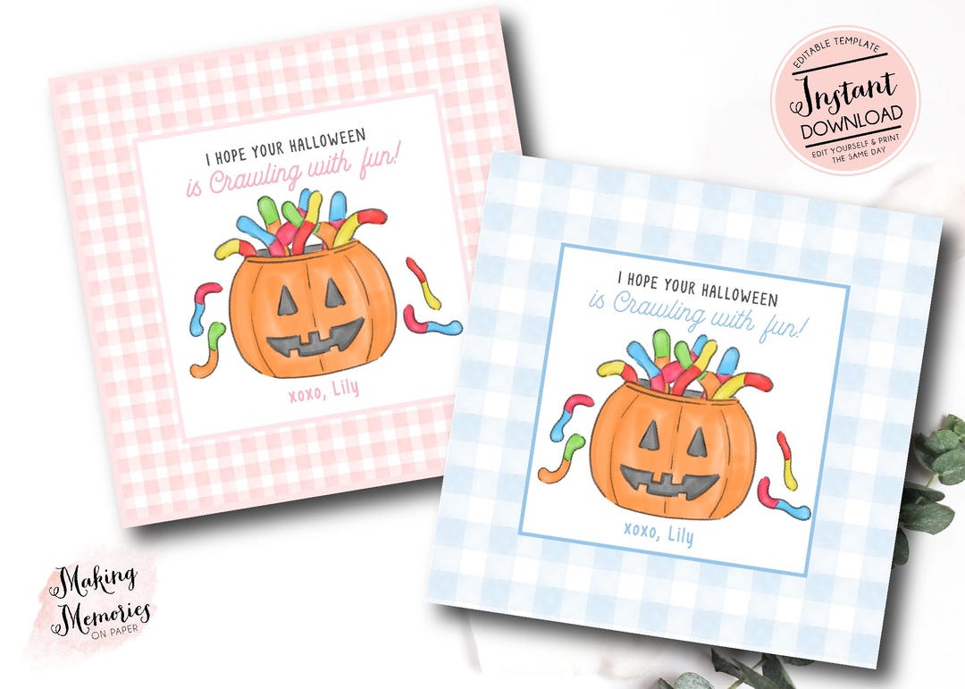 Halloween Gummy Worm Tag, Printable Halloween Gift Tag, Gingham ...
