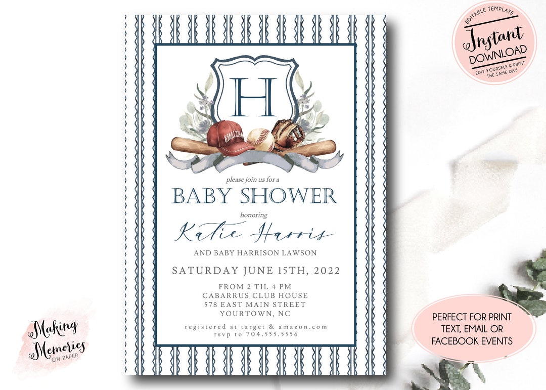 Baseball Baby Shower Invitation, Editable Vintage Baseball Baby Shower ...