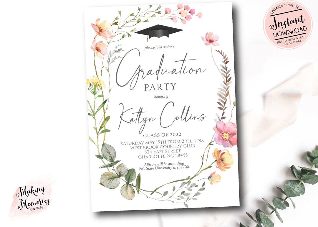 Editable Wildflower Graduation Party Invitation, Graduation ...