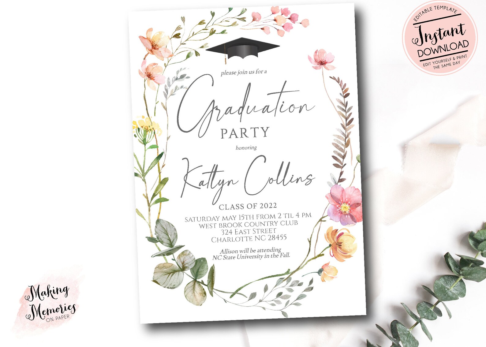 Editable Wildflower Graduation Party Invitation Graduation - Etsy