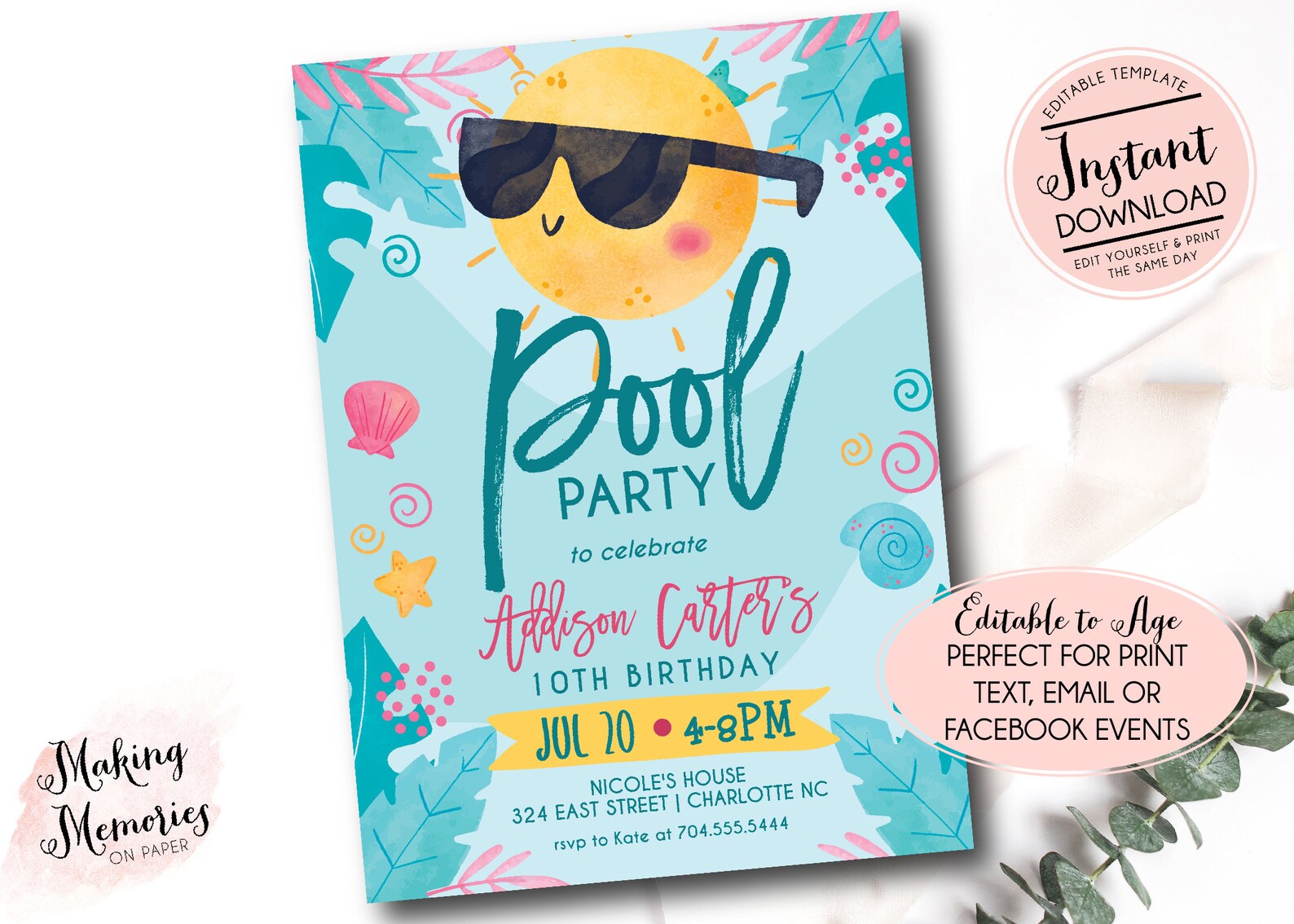 Pool Party Invitation, Adult Pool Party Invitation, Kids Pool Birthday ...