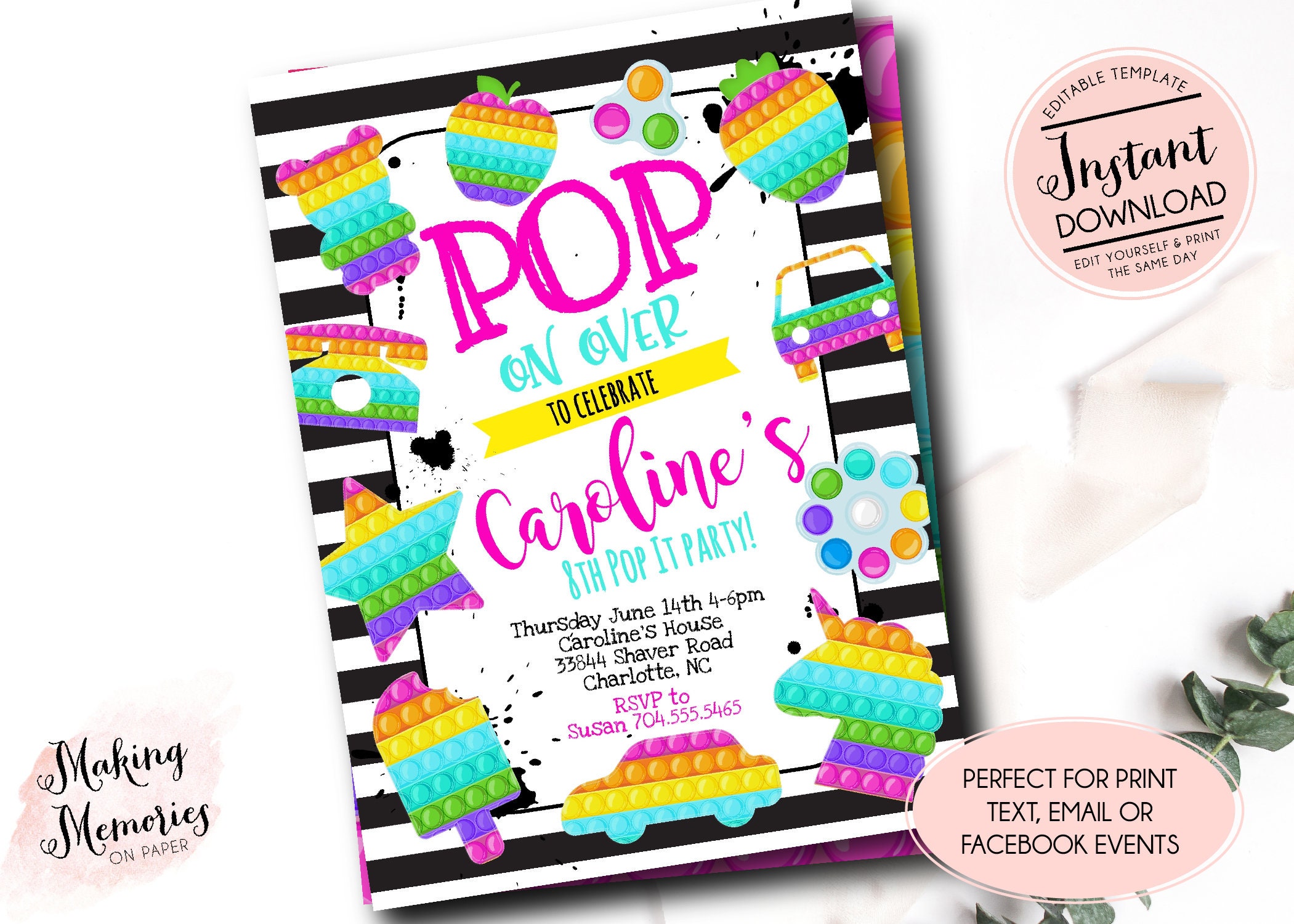 pop it party flyer Pop it fidget toy self editable party invitation for ...