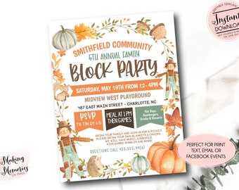 Fall Block Party Invitation, Block Party Flyer Editable Template ...