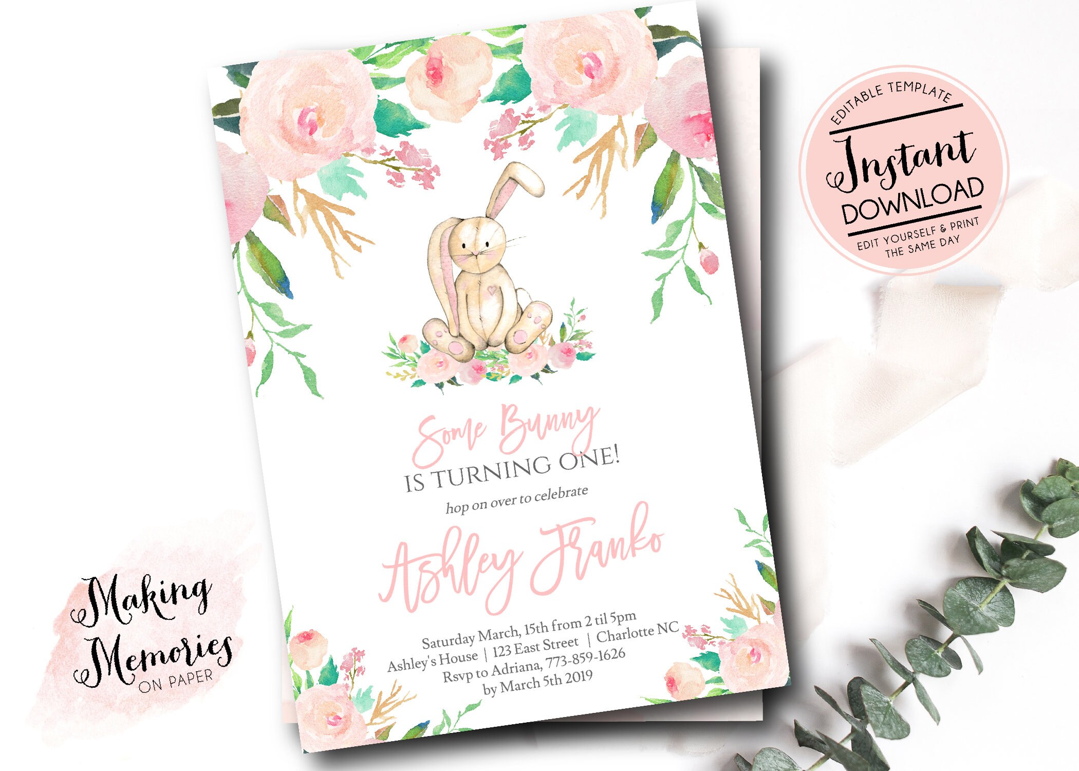 Birthday Party Invitation Template with Bunny Some Bunny is Turning Any ...