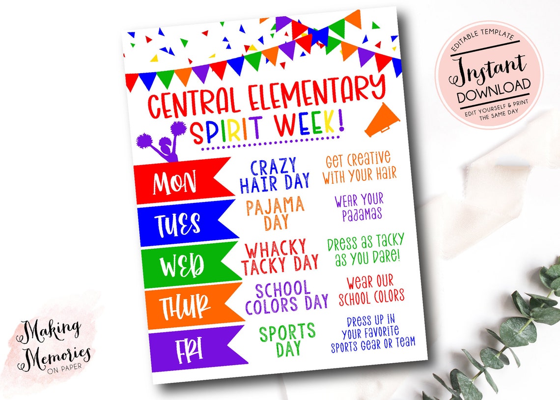 Spirit Week Template, Spirit Week Schedule, School Spirit Week Flyer ...