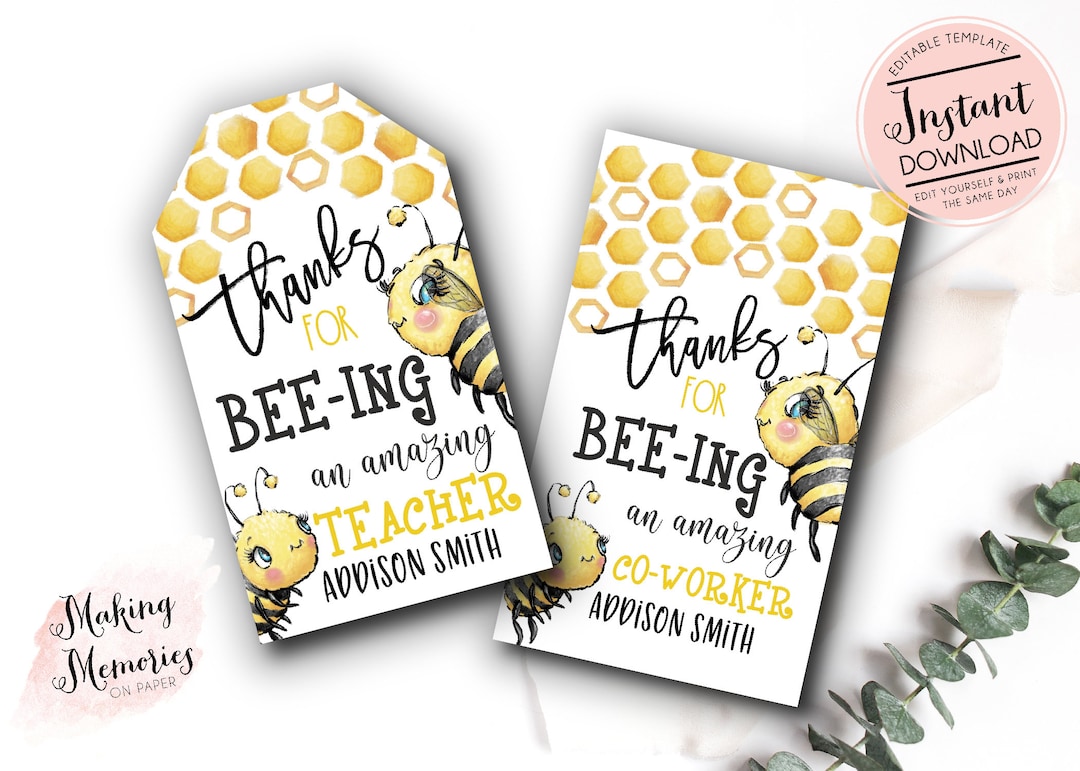 Bee Favor Tag, Printable Teacher Appreciation Gift Tag, Thank You for ...