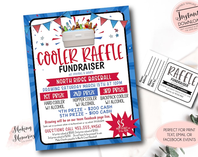 Editable Cooler Raffle, Support Our Cause, Raffle Ticket, Grand Prize ...