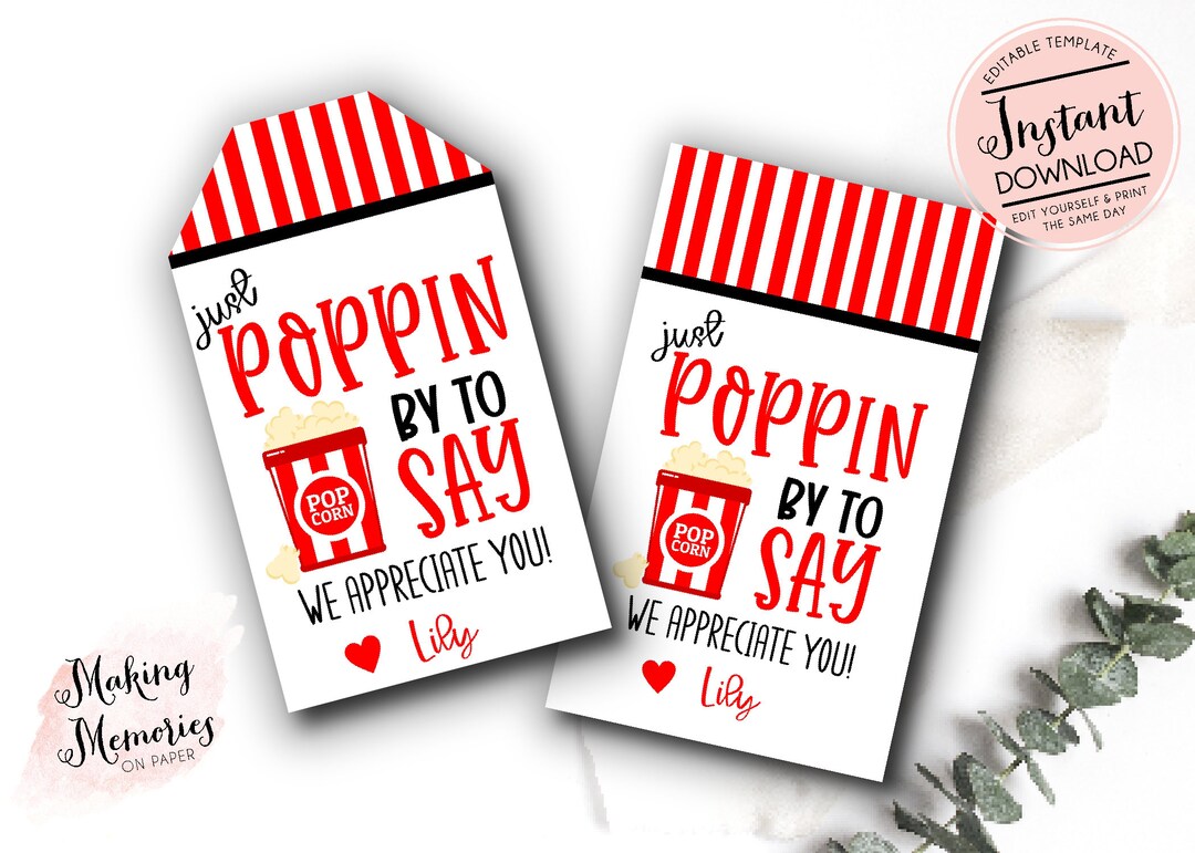 Printable Popcorn Favor Tag, Popcorn Valentine's Tag, Popcorn Printable ...