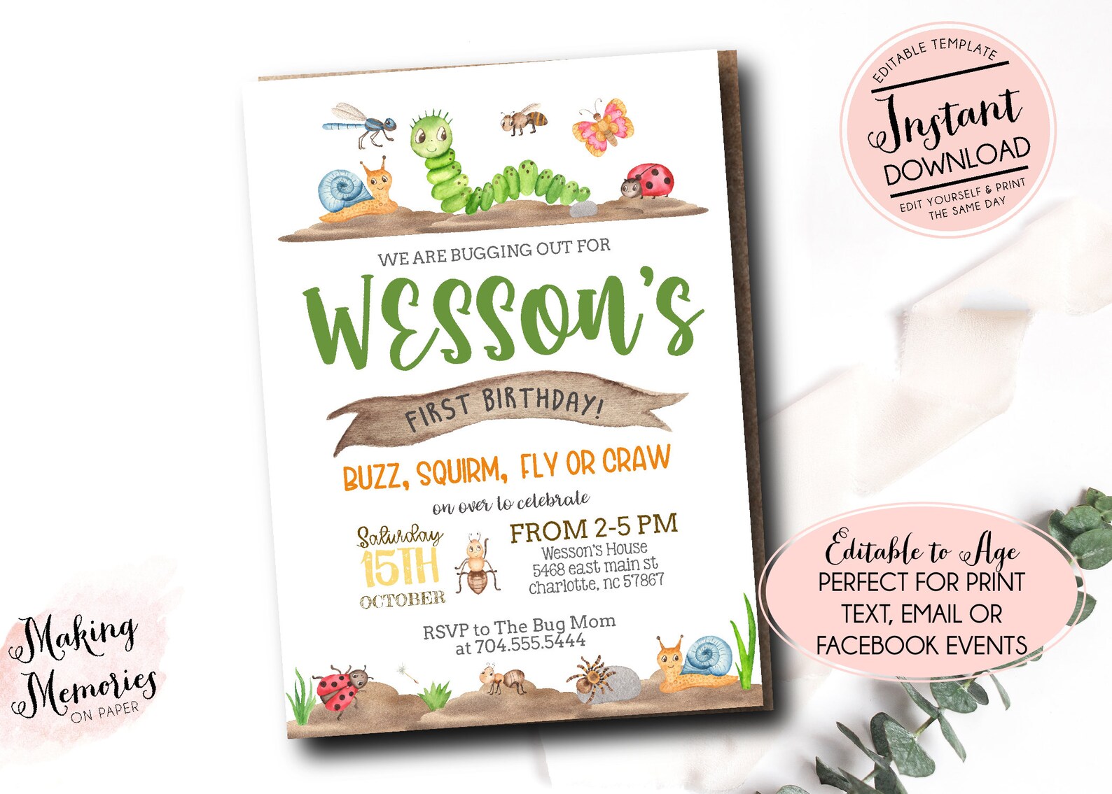 Bug Invitation Invitation Template, Editable Bug Birthday Invite ...