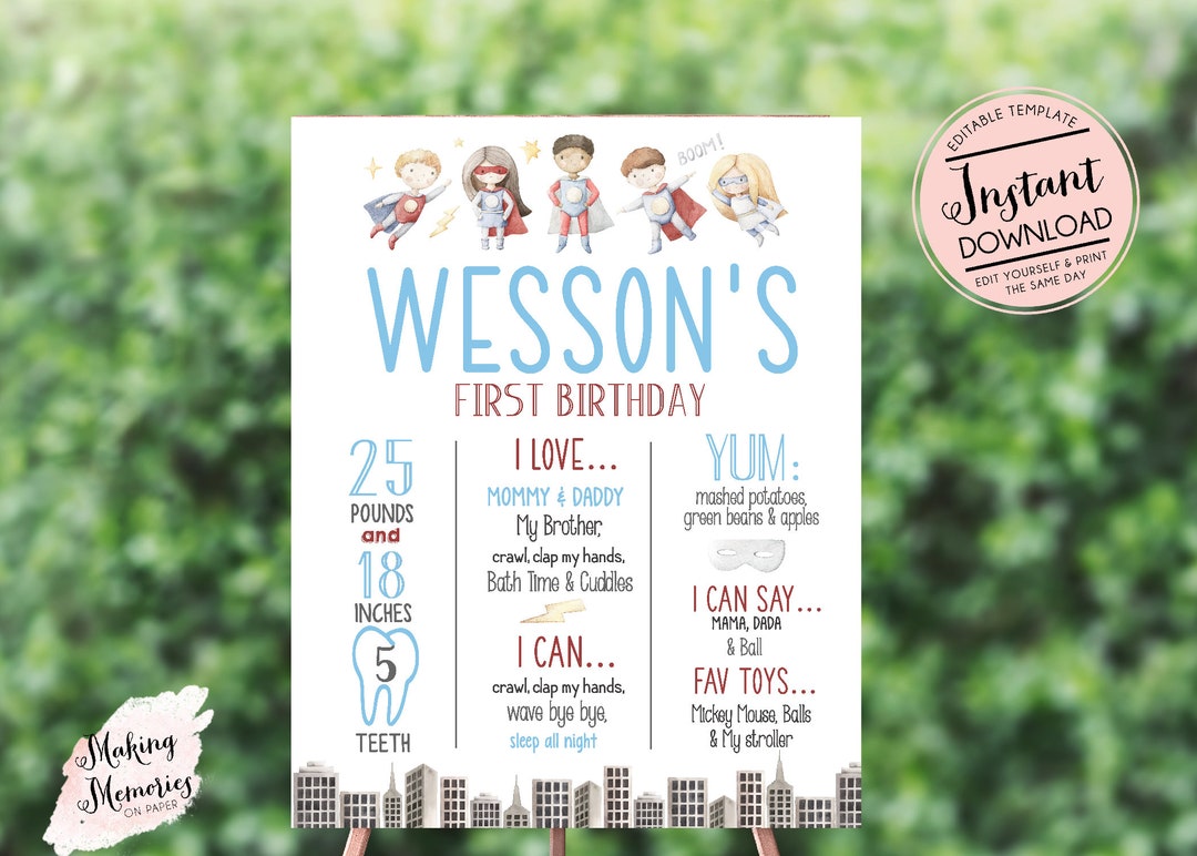 Superhero Birthday Milestone Poster, Editable Superhero Stats Board ...