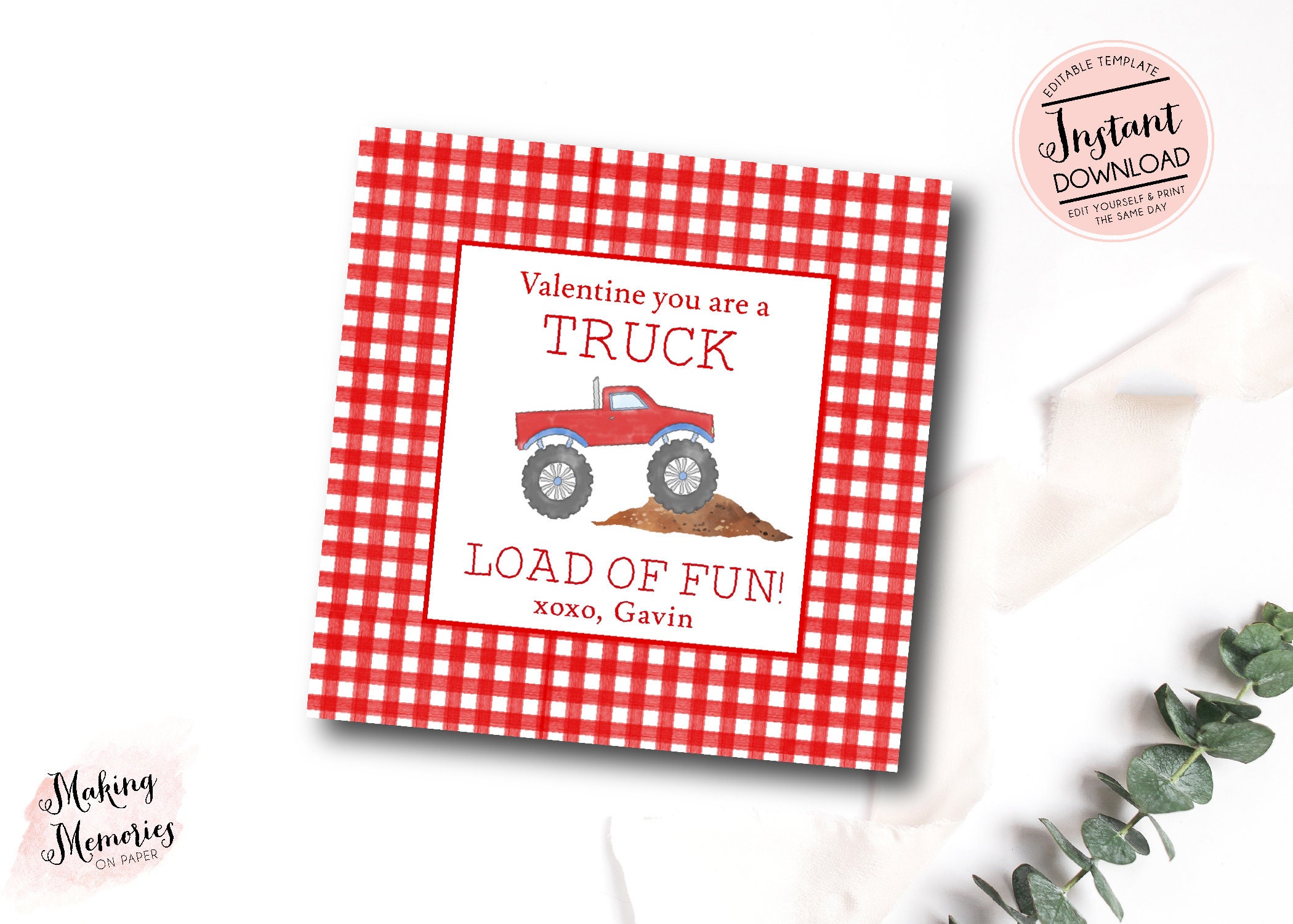 Printable Monster Truck Valentine Card, Monster Truck Valentine Favor ...