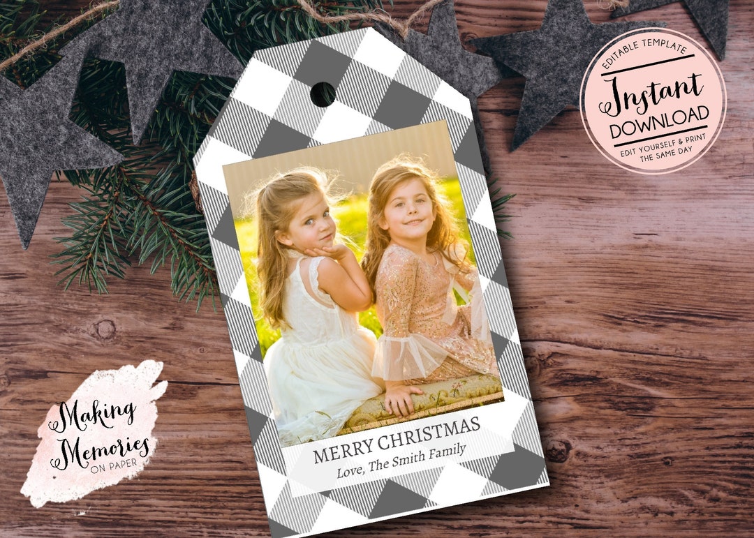 Photo Christmas Gift Tags, Farm House Plaid Tags, Buffalo Plaid Tags ...