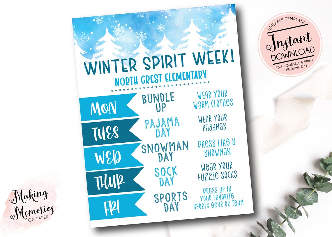 Winter Spirit Week Template, Spirit Week Schedule, Winter Spirit Week ...