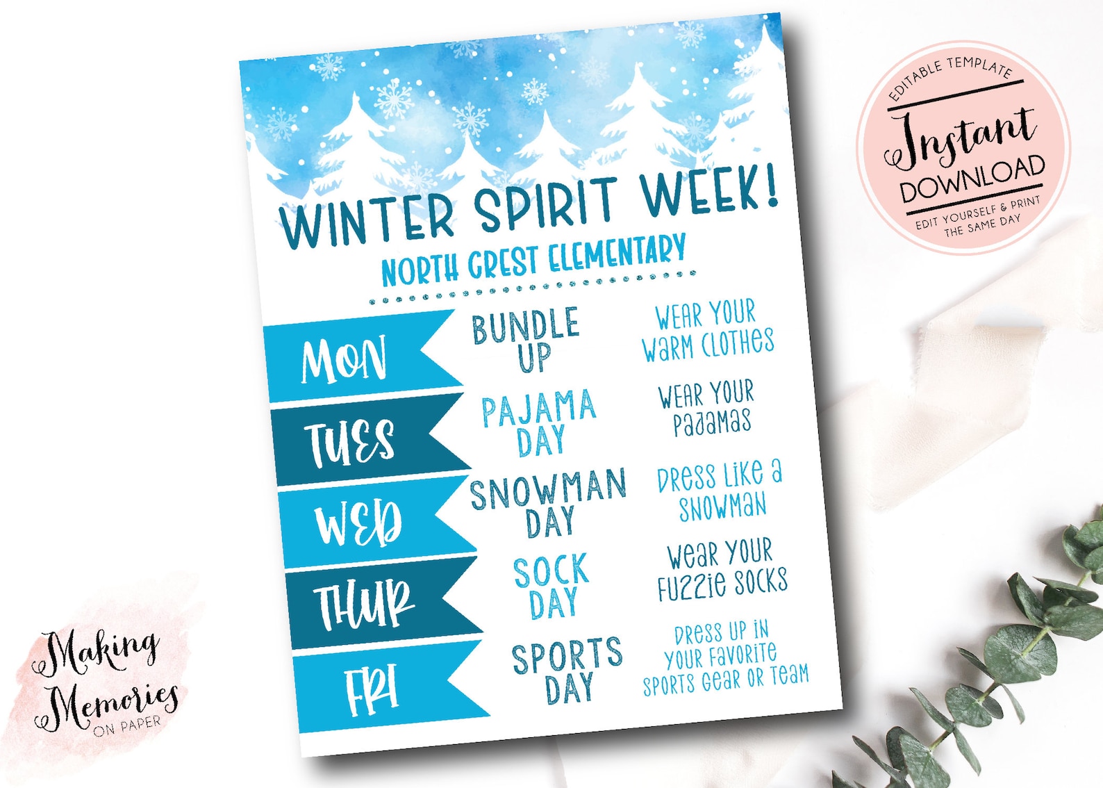 Winter Spirit Week Template Spirit Week Schedule Winter | Etsy