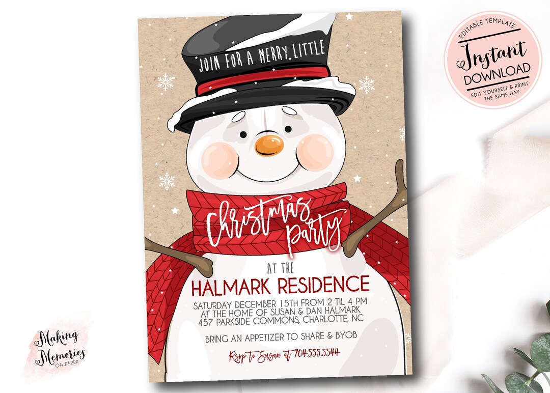 Christmas Party Invitation, Snowman Christmas Party Template, Merry ...