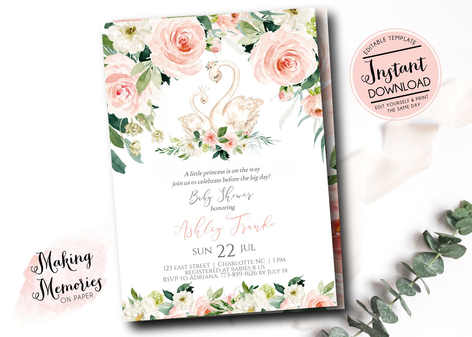 Swan Baby Shower Invitation Baby Swan Swan Princess Baby | Etsy