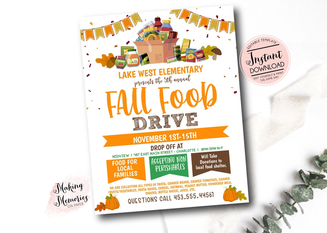Fall Food Drive Flyer, Food Drive Template, Editable Food Drive, Fall ...