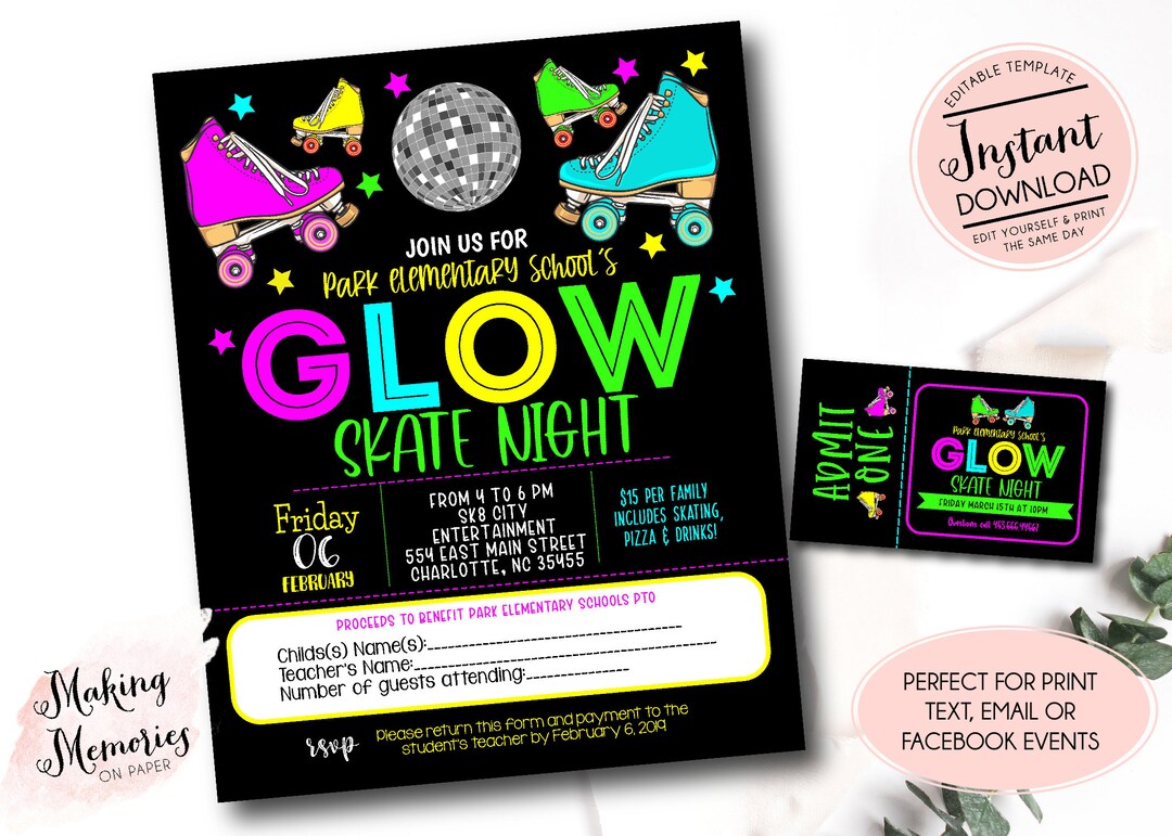 Glow Skate Night Flyer, PTO Fundraiser, School Disco Skate Night ...