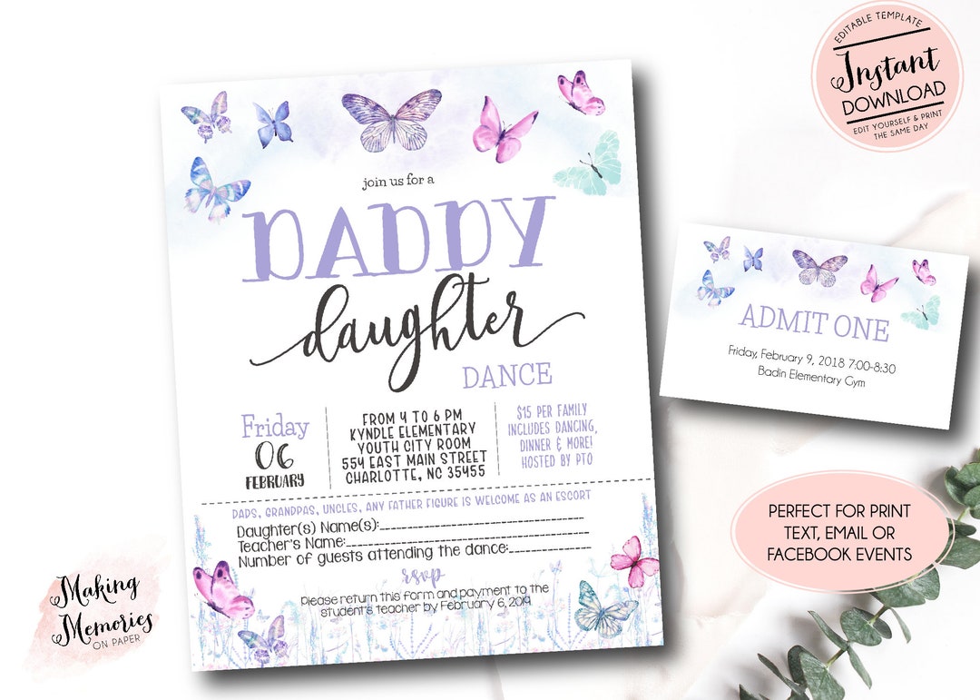 Daddy Daughter Dance Flyer, School Butterfly Dance Invite, Editable ...