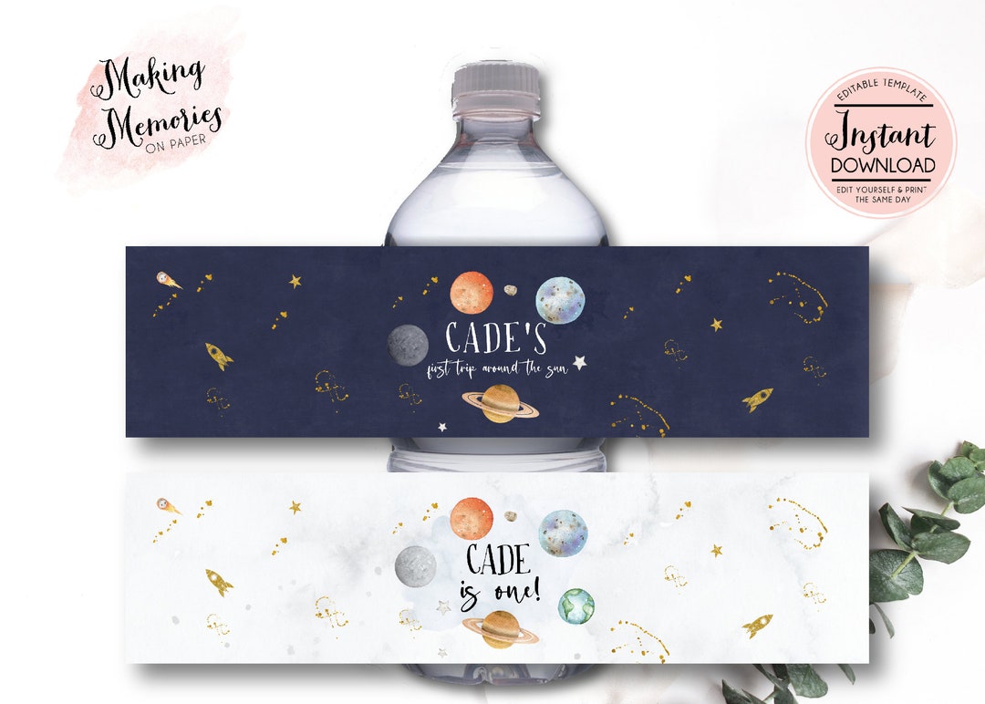 Editable Outer Space Water Bottle Labels, First Trip Around the Sun ...