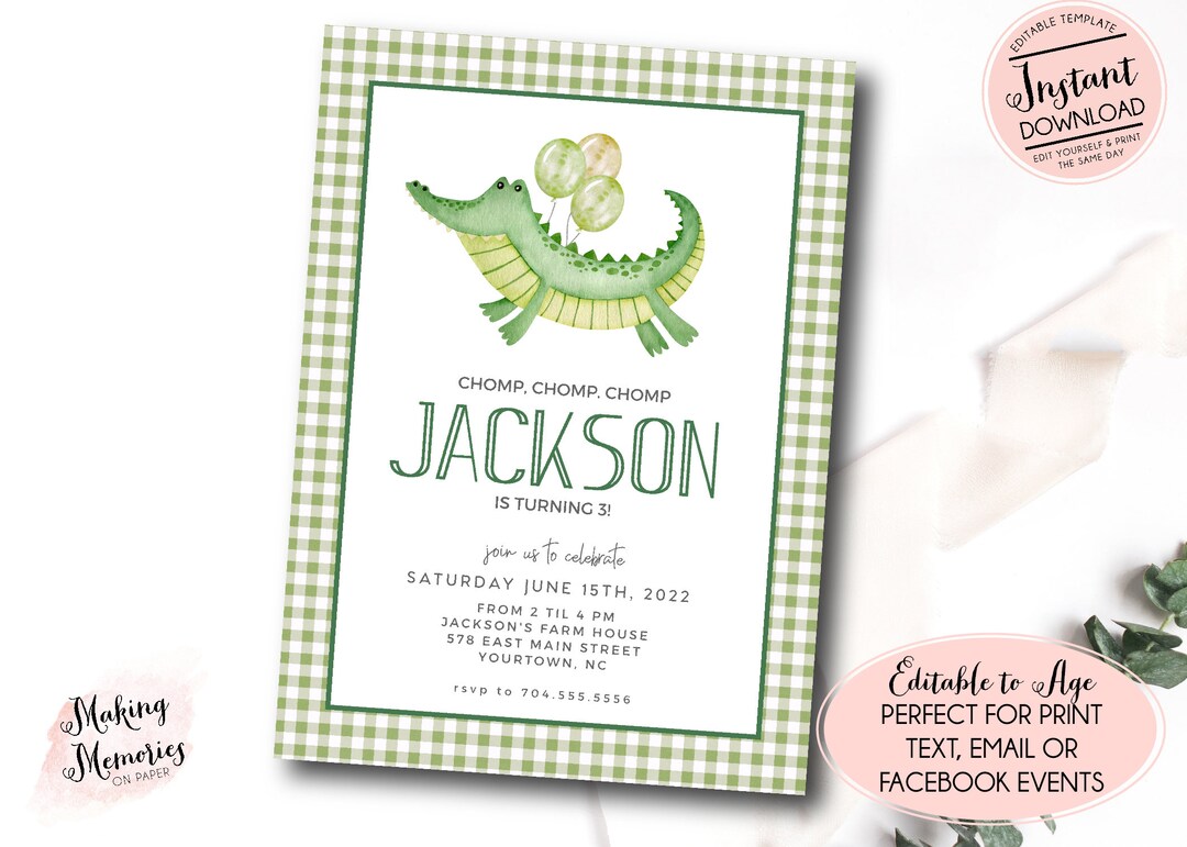 Editable Alligator Birthday Invitation, Crocodile Birthday Invite ...