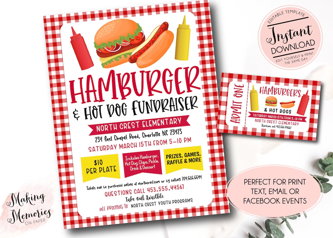 Hot Dog and Hamburger Dinner Flyer, Editable Hamburger Fundraiser ...