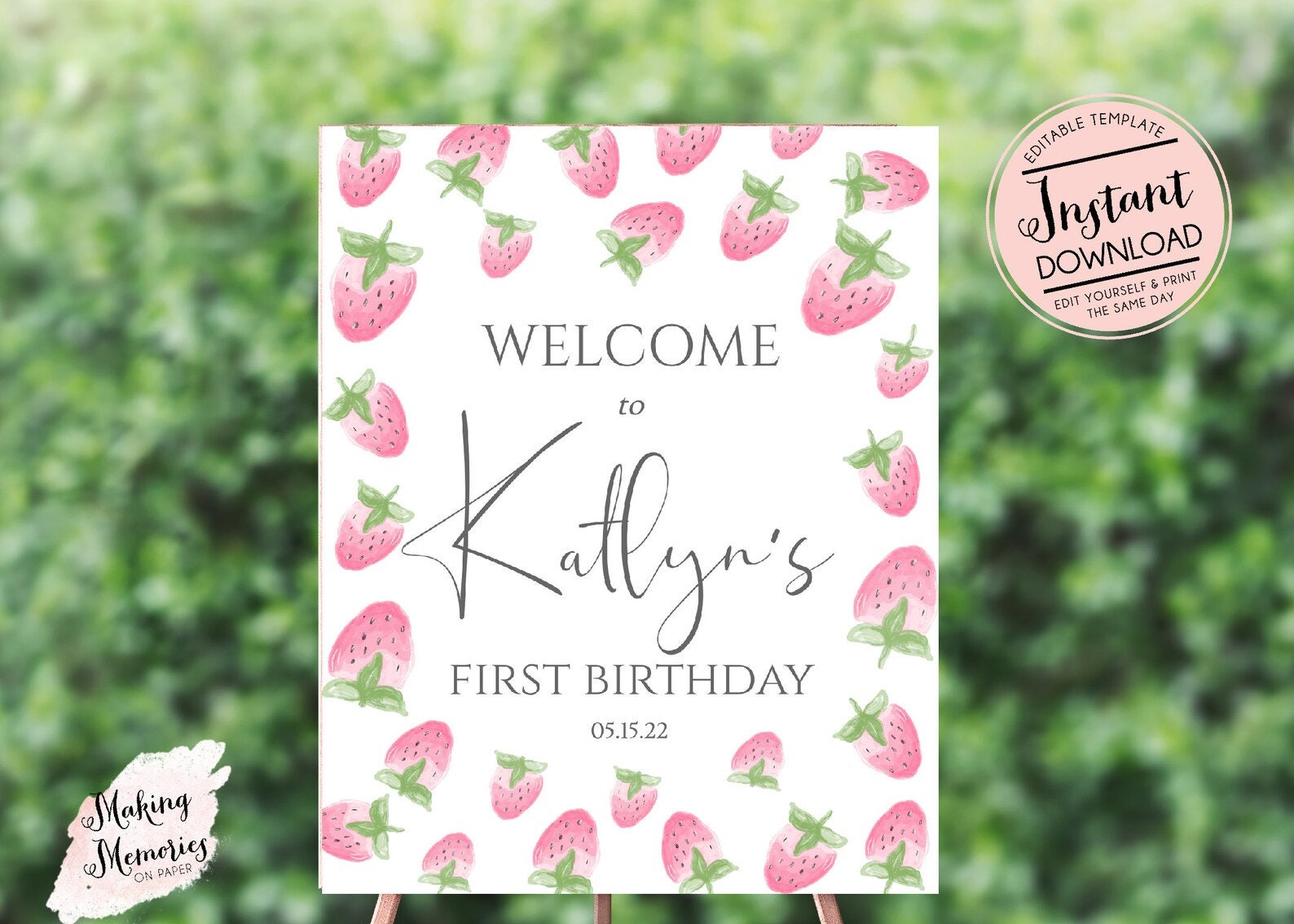 Editable Strawberry Milestone Poster, Strawberry Birthday Stats Board ...