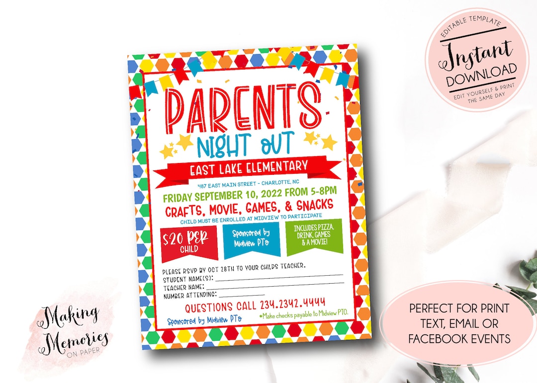 Parents Night Out Flyer, Printable Parents Night Out Fundraiser, PTO ...