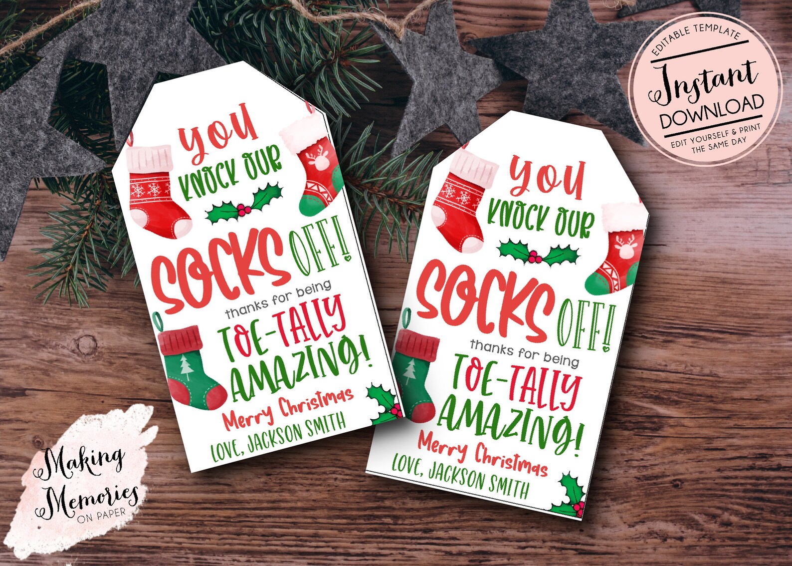 Editable Christmas Socks Gift Tag, Christmas Manicure Pedicure Gift Tag ...