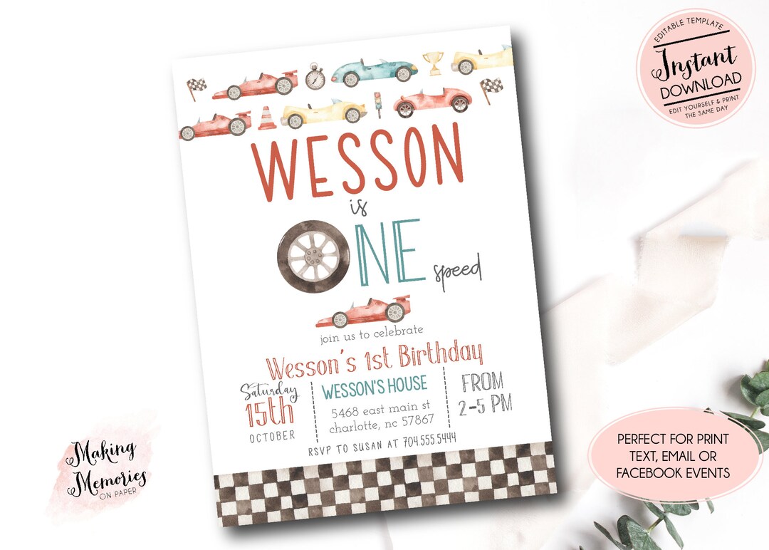 Race Car First Invitation, Racing First Birthday Invitation, Race Car ...