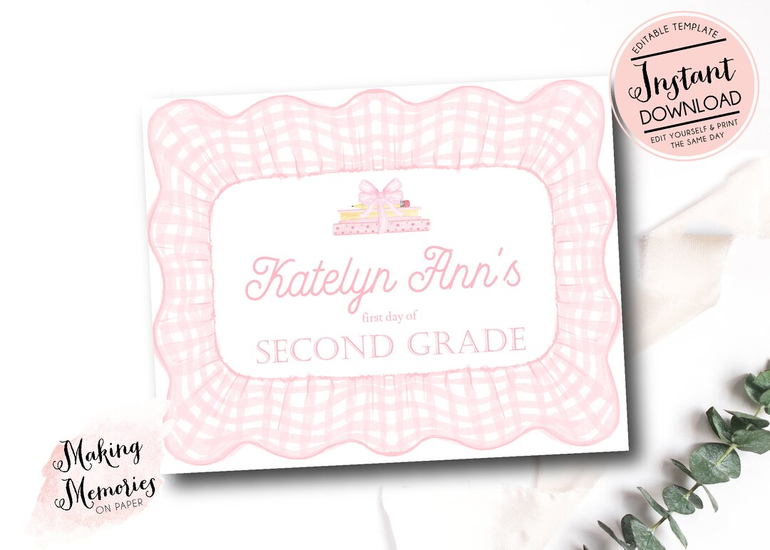 Gingham First Day of School Sign, Editable Back to School Sign ...
