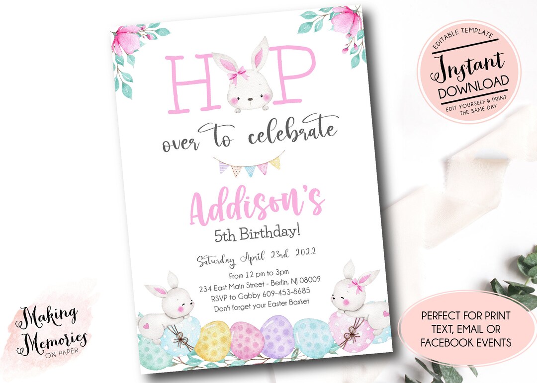 Editable Easter Birthday Invitation, Bunny Birthday Template, Easter ...