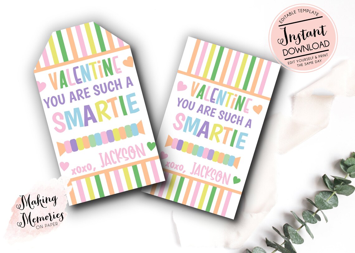 Editable Smartie Valentines Day Tag Printable Kids Valentine - Etsy