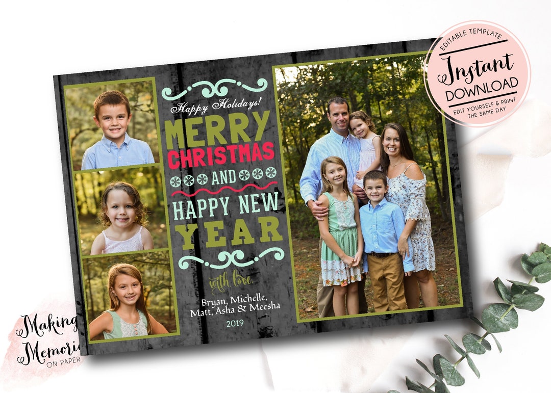 4 Photo Rustic Photo Christmas Card Printable Invitation, Wood, Rustic ...