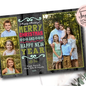 4 Photo Rustic Photo Christmas Card Printable Invitation, Wood, Rustic ...