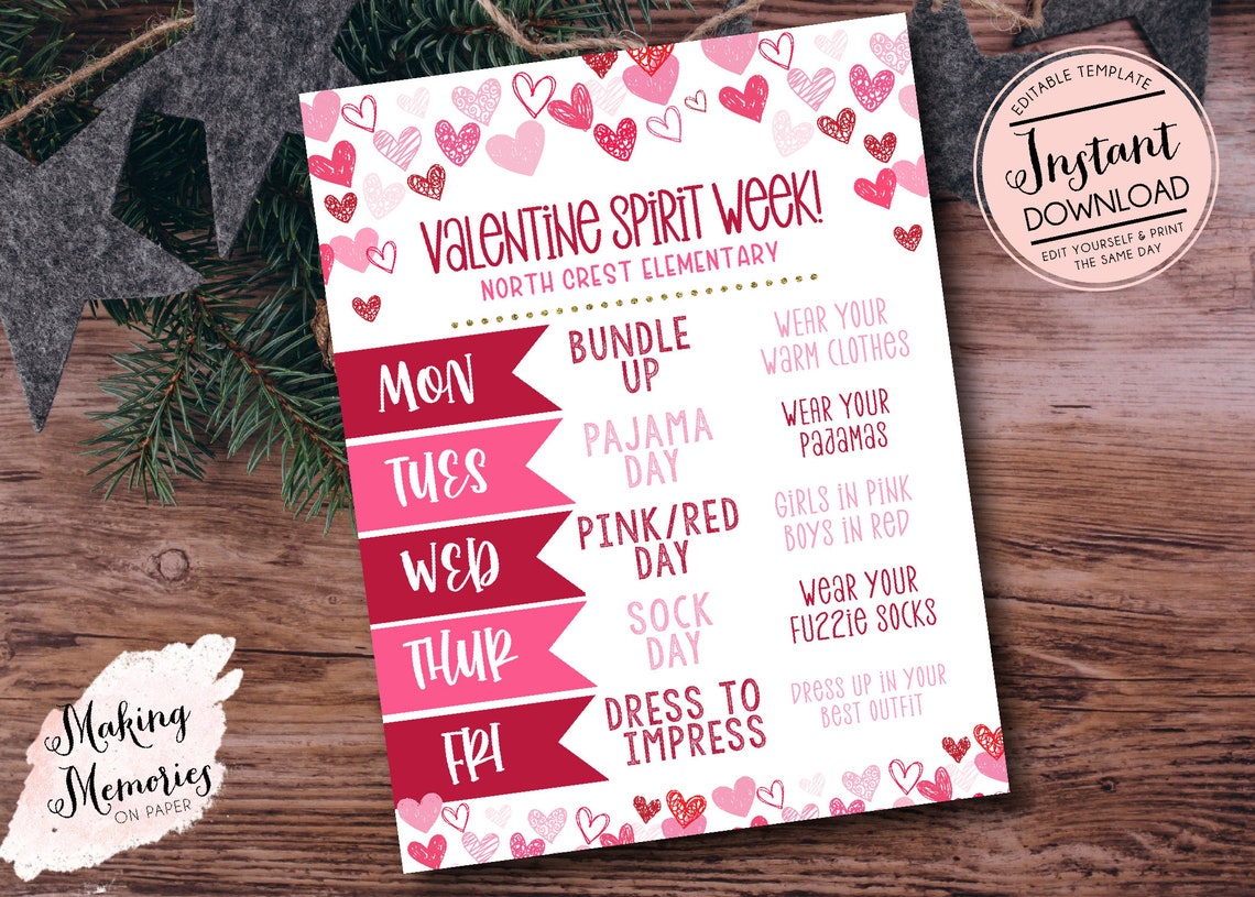 Valentine Spirit Week Template Spirit Week Schedule February - Etsy
