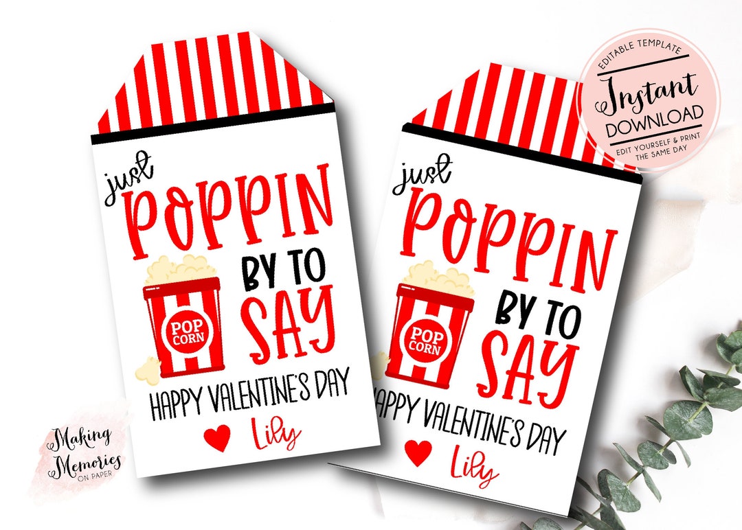 Popcorn Valentine's Day Tag, Popcorn Valentine's Tag, Poppin by to Day ...