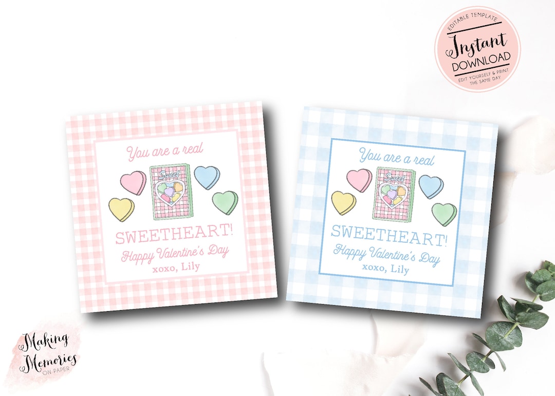 Editable Sweetheart Valentine Card, Candy Valentine's Day Card, Kids ...