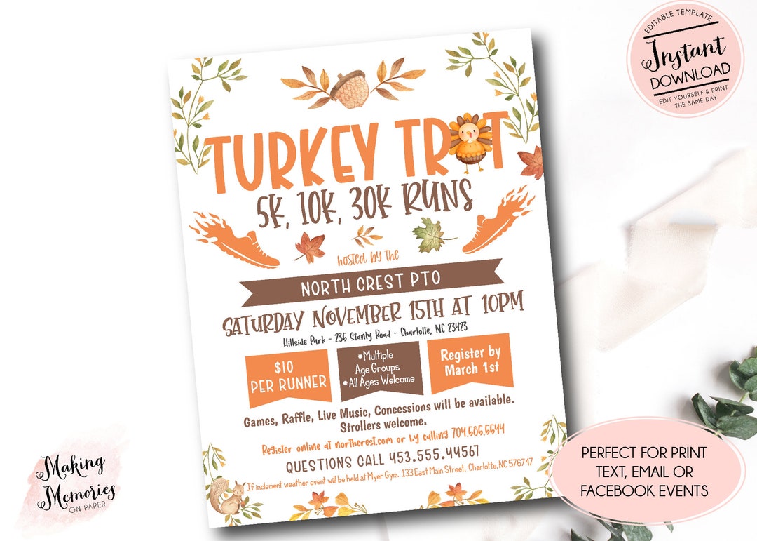 Turkey Trot Flyer, Thanksgiving Day Run Invite, Turkey Run Template ...