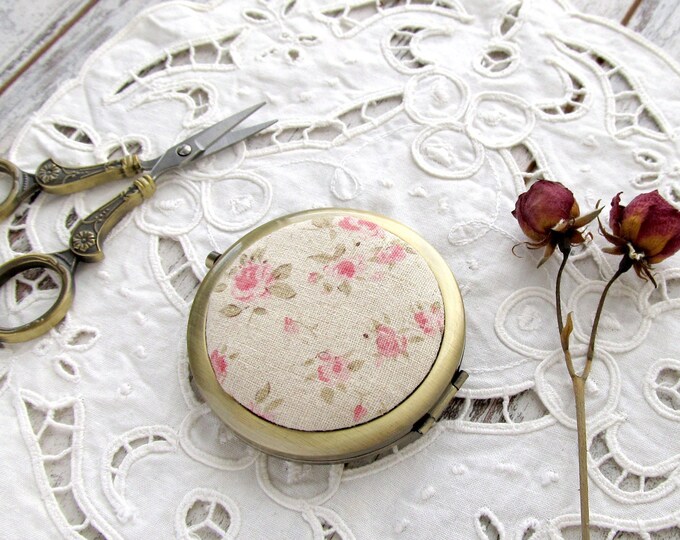 Roses Pocket Mirror, Floral Compact Mirror, Shabby Chic Pink Flowers ...