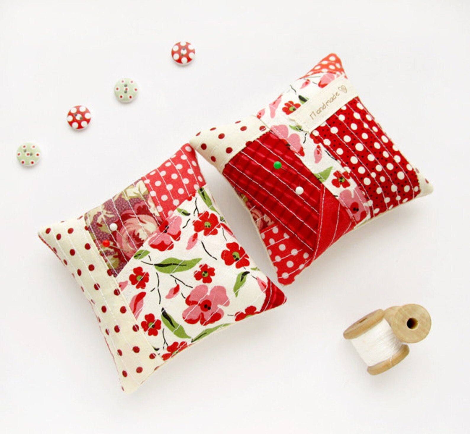 Red Patchwork Pincushion, Floral Needle Holder, Polka Dots Pillow ...