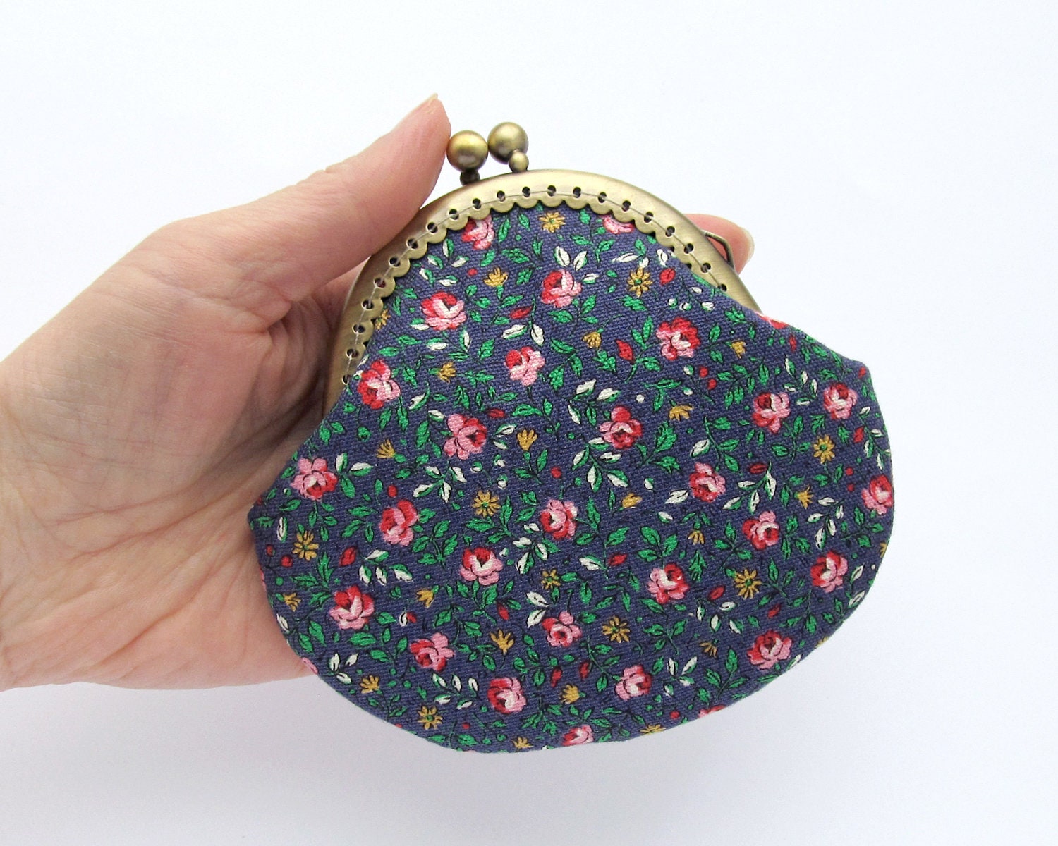 Navy Blue Coin Purse, Pink Roses Purse, Floral Change Pouch With Small ...