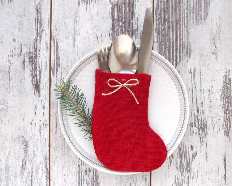 Set of 4 Red Silverware Holders, Christmas Stockings, Burlap Silverware ...