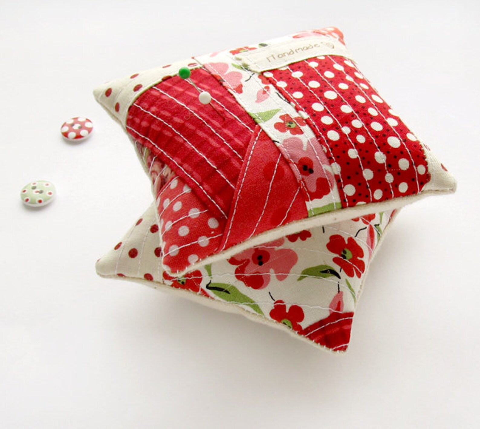 Red Patchwork Pincushion, Floral Needle Holder, Polka Dots Pillow ...