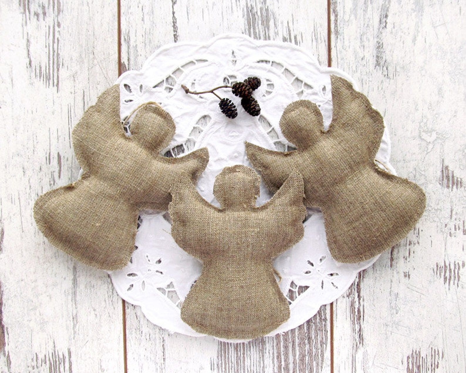 Set of 3 Rustic Christmas Angels, Burlap Primitive Ornaments, Christmas ...