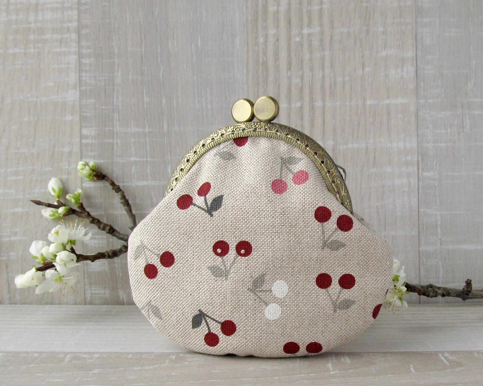 Coin Purse With Cherries Linen Change Pouch Red Cherry - Etsy
